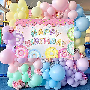 Donut Birthday Party Decorations,140Pcs Sweet One Balloon Garland Arch Kit and Happy Birthday Backdrop,Pastel Confetti Donut Foil Balloons for Donut Grow Up Baby Shower Decor Two Sweet Party Supplies