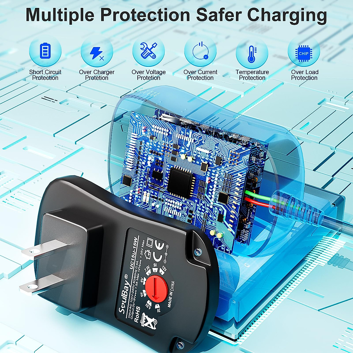 SoulBay 15W Universal AC Adapter 3V 4.5V 5V 6V 7.5V 9V 1500mA 12V 1250mA DC Switching Power Supply for CCTV Security IP Camera Keyboard Speaker Router Household Electronics, 12W Compatible