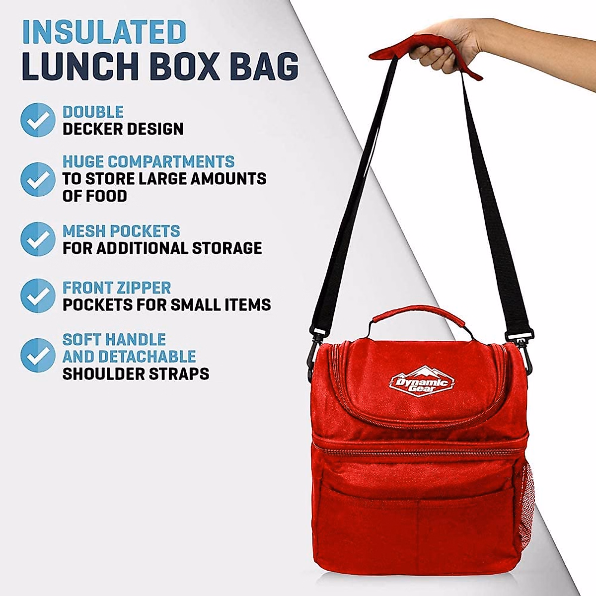 Dynamic Gear Refrigerated Lunch Box Tote Bag, Large, Adults/Men/Women, Insulated, Mesh Pockets, for Travel, Work, Picnic, Camping! (Red)