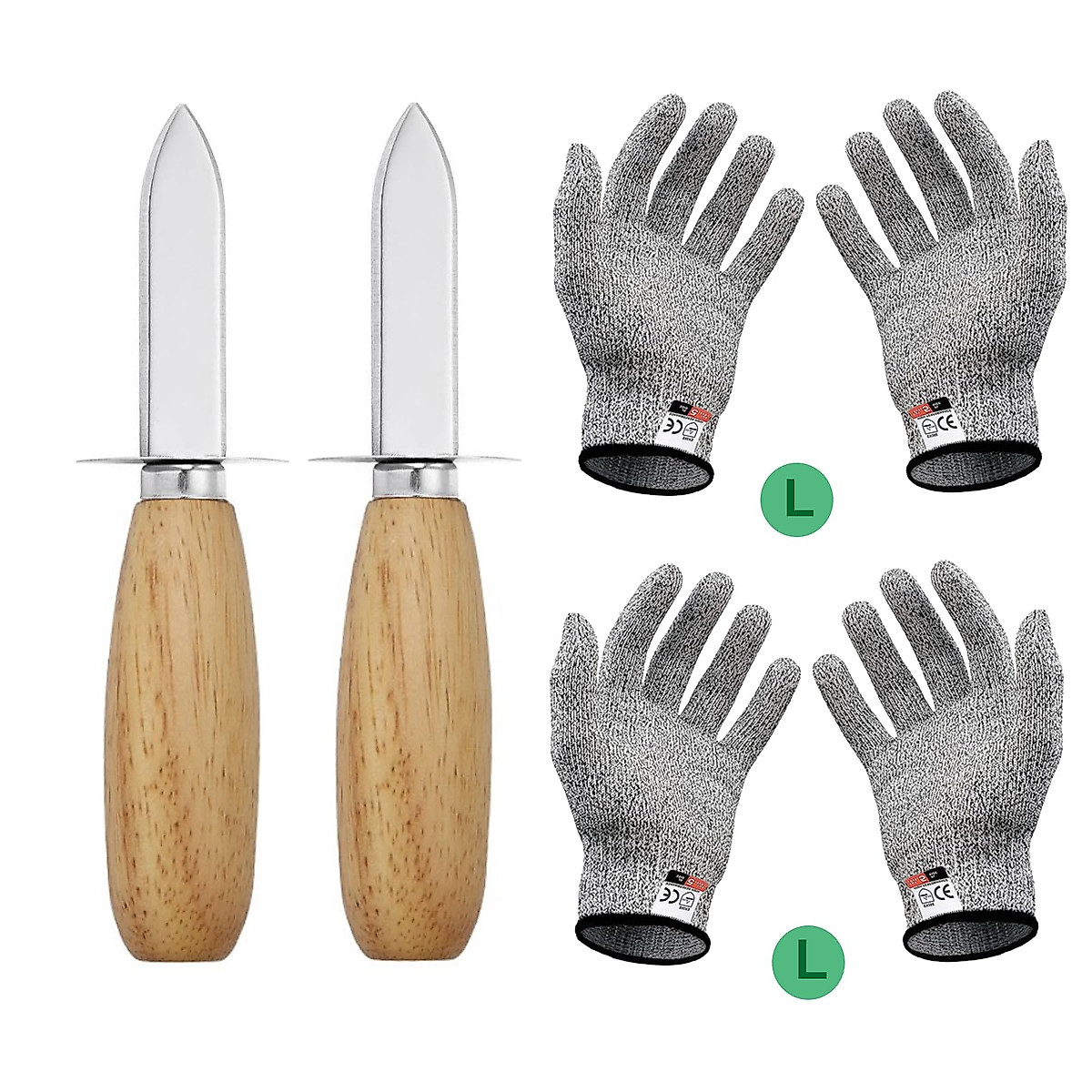 PLVTNM 2Oyster Knife Wooden Handle Oyster Shucking Knife Stainless Steel with 2Pairs Level 5 Cut-Resistant Gloves, Oyster Shucker Opener for Kitchen