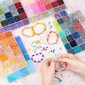 QUEFE 15360pcs, 192 Colors Clay Beads for Bracelet Making Kit Flat Round Polymer Spacer Heishi Beads Jewelry with Pendant Charms Letter and Elastic Strings