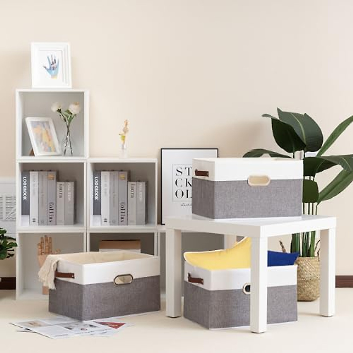 Yawinhe Collapsible Storage Bins, 16.9 x 11.8 x 10.2 Inch, Cube Storage Bins, Fabric Foldable Storage Bins Organizer Containers with Dual Leather Handles for Home Closet Office (White/Grey, 4-Pack)