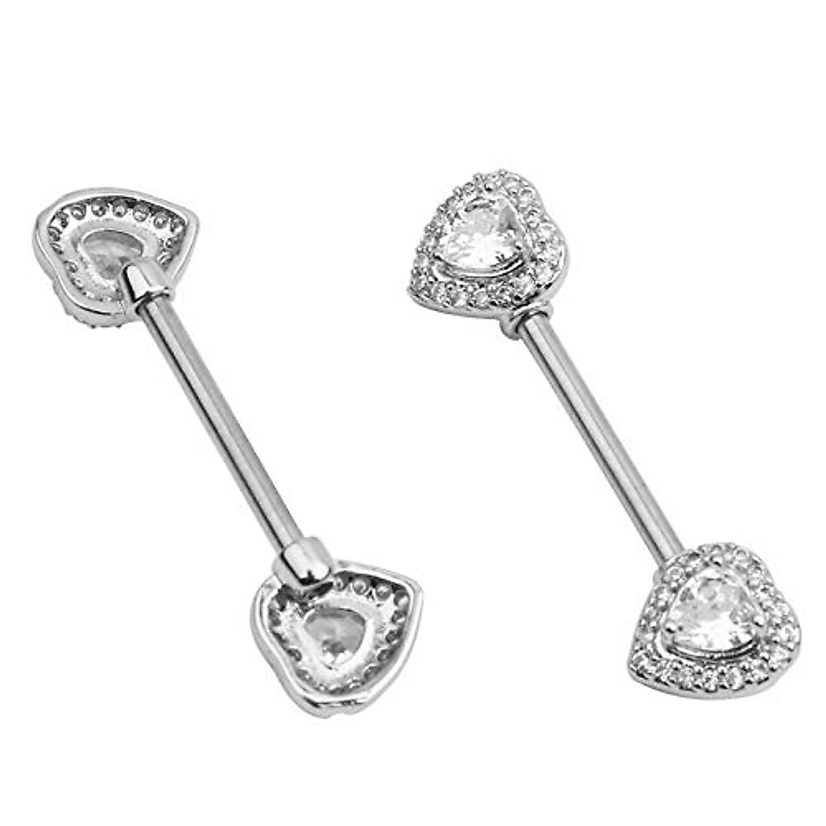 14G Dainty CZ Love Heart Nipple Rings Tongue Ring Surgical Steel Nipple rings Piercing Women Barbells 2Pcs 25/8"(16mm) (Silver)