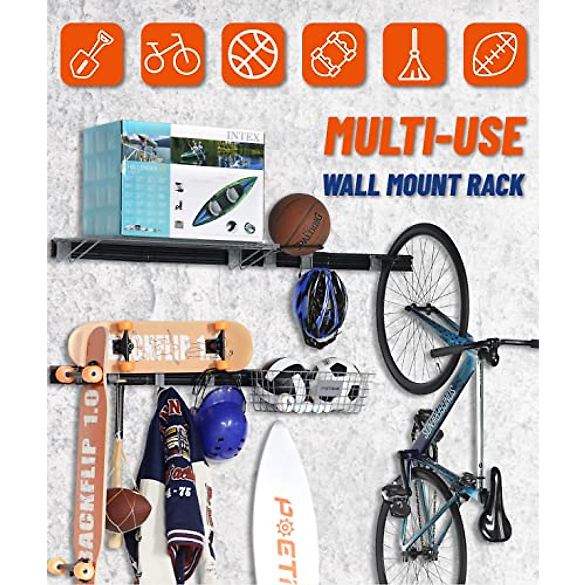 POETISKE Garage Tool Organizer Wall Mount 2PC Heavy Duty Hook 2PC Bike Hook 1PC Mesh Basket 3PC Utility Rack Max Capacity 480LBS Holding Folding Chairs Garden Tools Ladder Broom Mop etc