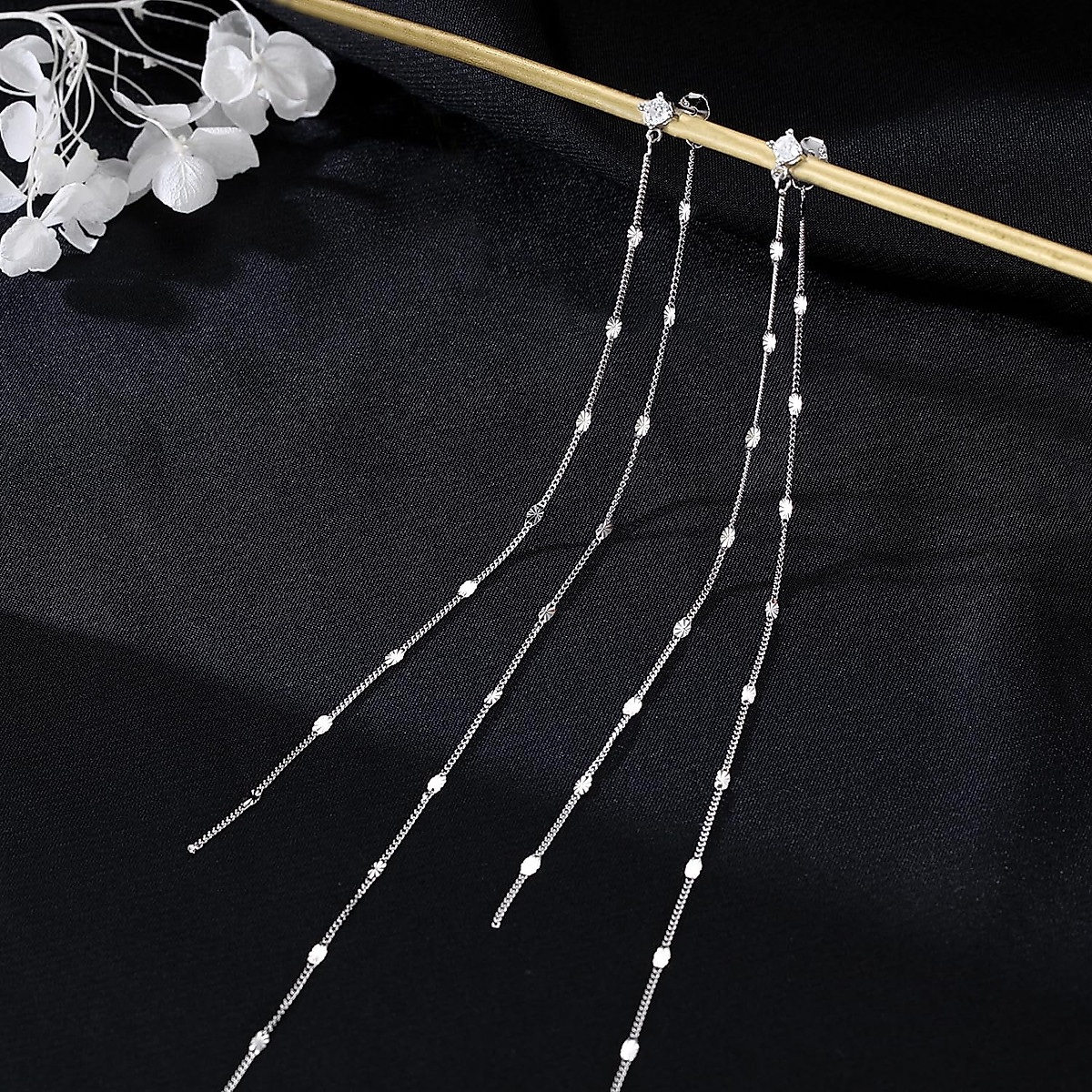 SLUYNZ 925 Sterling Silver CZ Studs 6.3inch Long Chain Earrings Dangle for Women Line Earrings Chain Backs (A-Silver)