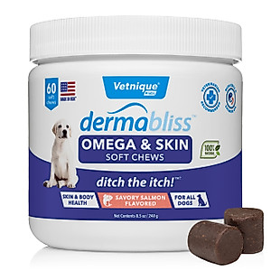 VETNIQUE Dermabliss Omega & Skin Supplement Chews for Dogs (60ct) & Glandex Anal Gland Support Peanut Butter Soft Chews for Dogs (60ct) Bundle