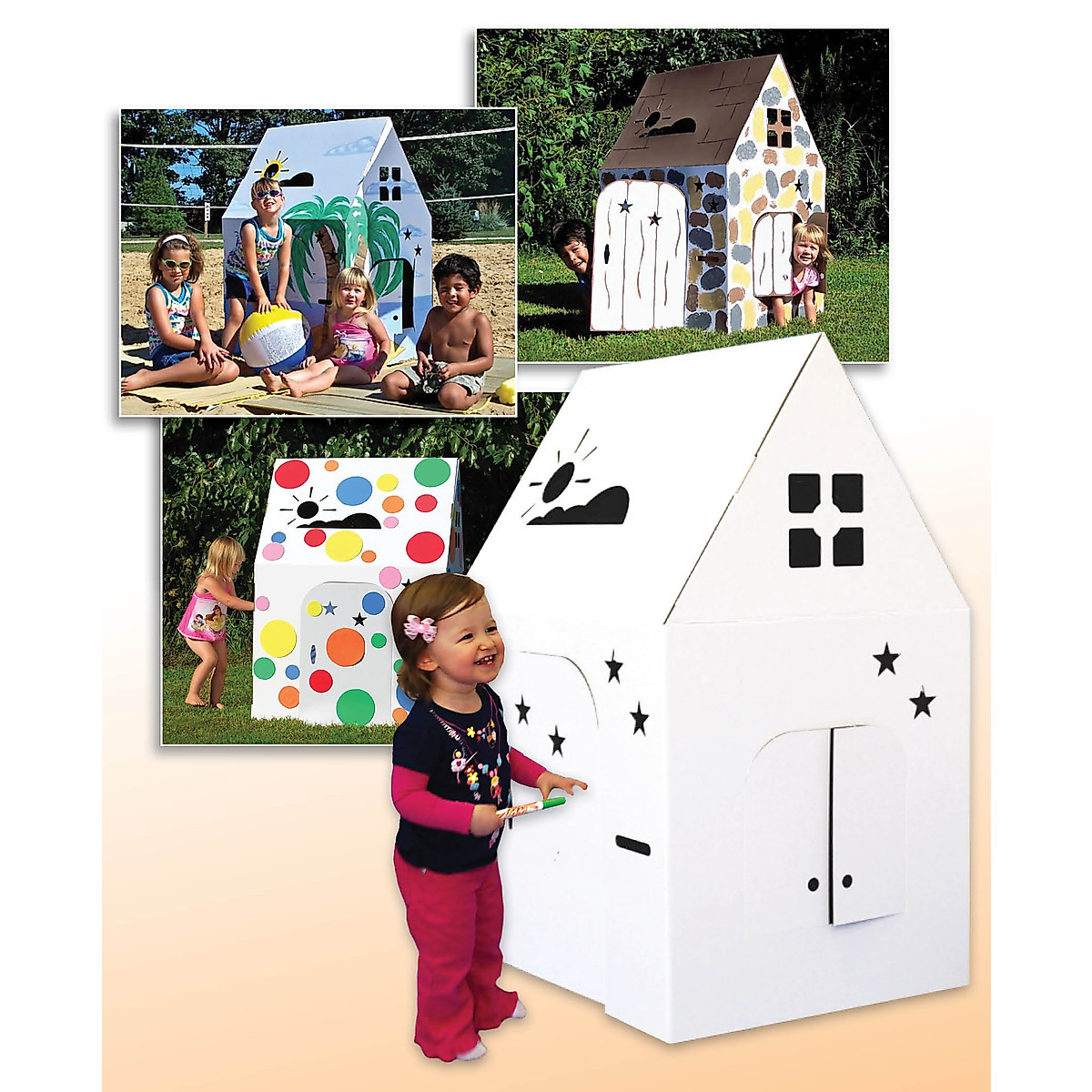 Easy Playhouse - Kids Art and Craft for Indoor and Outdoor Fun, Color, Draw, Doodle on this Blank Canvas – Decorate and Personalize a Cardboard Fort, 34" X 27" X 48" - Made in USA, Age 3+
