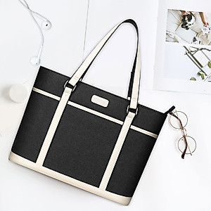 MOSISO Laptop Tote Bag, 15.6 inch Laptop Bag for Women Men, 16 inch Business Office Work Travel Shoulder Computer Bag with Front 3 Hidden Pockets & PU Bottom & Earphone Hole, Black