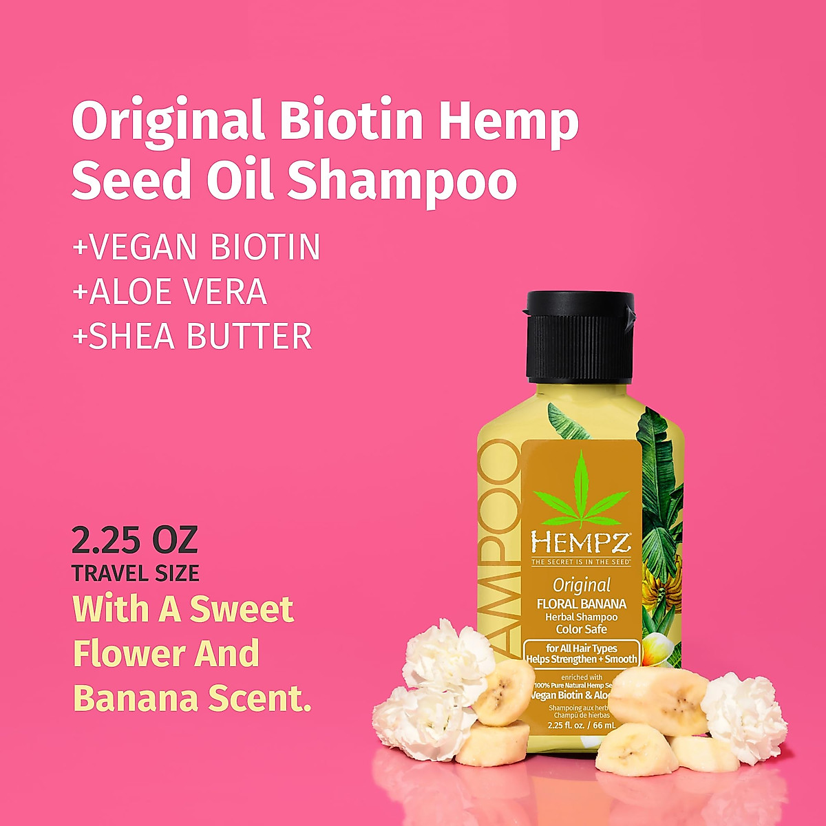 Hempz Biotin Hair Shampoo - Original Floral & Banana - For All Hair Types Growth & Strengthening Damaged Hair - Travel Size 2.25 Fl OZ