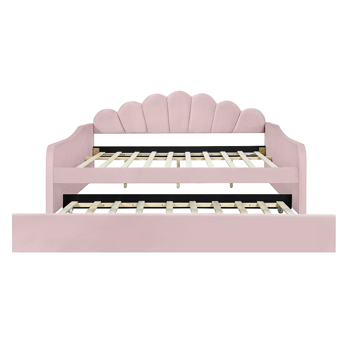 SOFTSEA Daybeds with Trundle, Full Upholstered Daybed with Trundle, Pink Modern Velvet Upholstered Daybed with Shell Headboard, Full Size Tufted Sofa Bed Daybed Frame for Bedroom, Pink