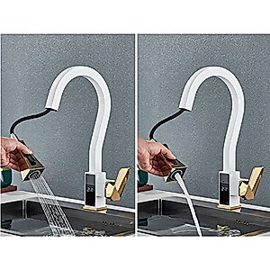 Yalsfowe Kitchen Faucets with Pull Down Sprayer, Temperature Display Kitchen Faucet, Single Handle Kitchen Faucet, Kitchen Mixer Tap, Kitchen Sink Faucet Brass ,White Gold