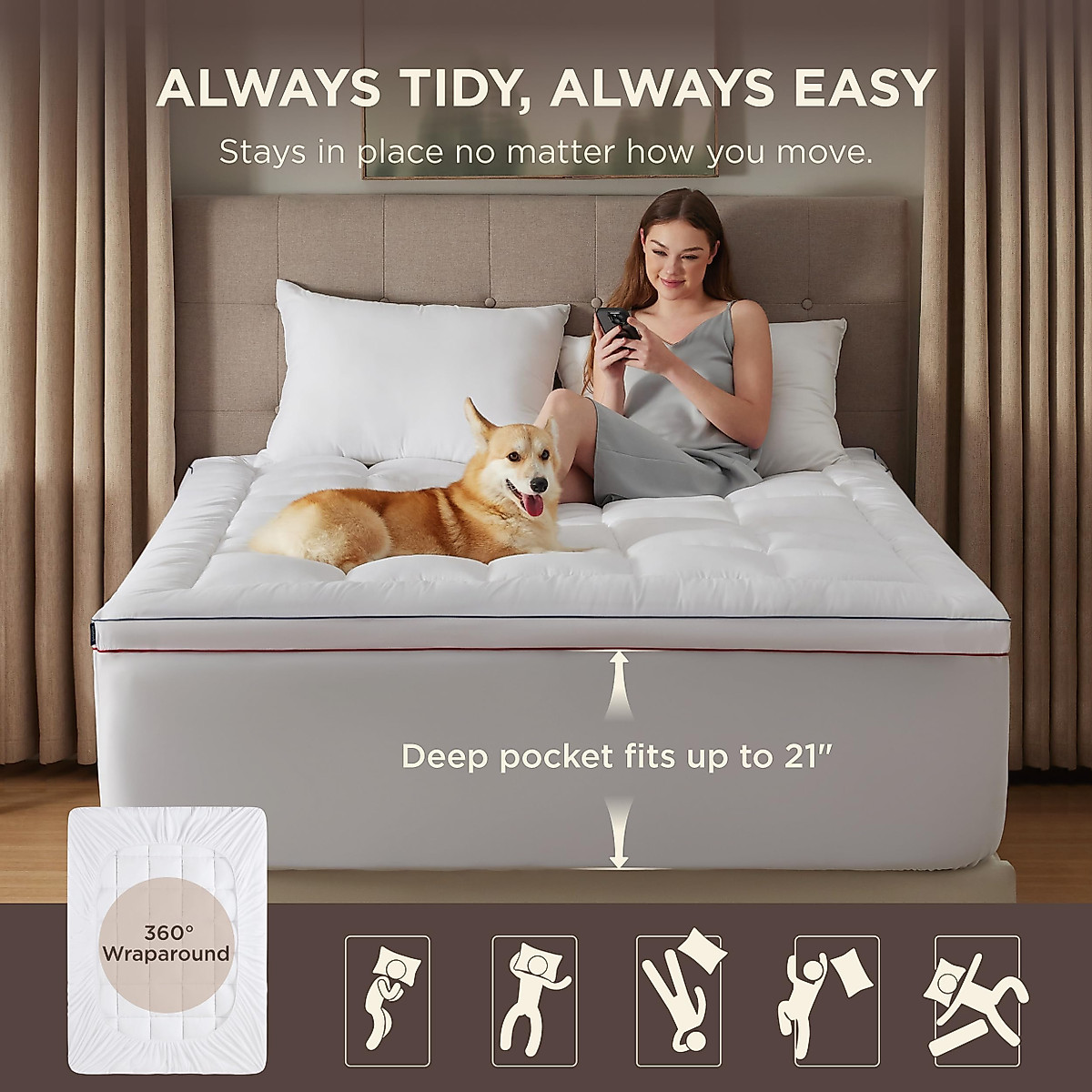 Bedsure Twin XL Mattress Topper Dorm Bedding - Extra Thick Mattress Pad Cover with Deep Pocket, Plush Soft Pillow-Top Bed Topper for Back Pain Relief, Overfilled with Down Alternative Filling, White