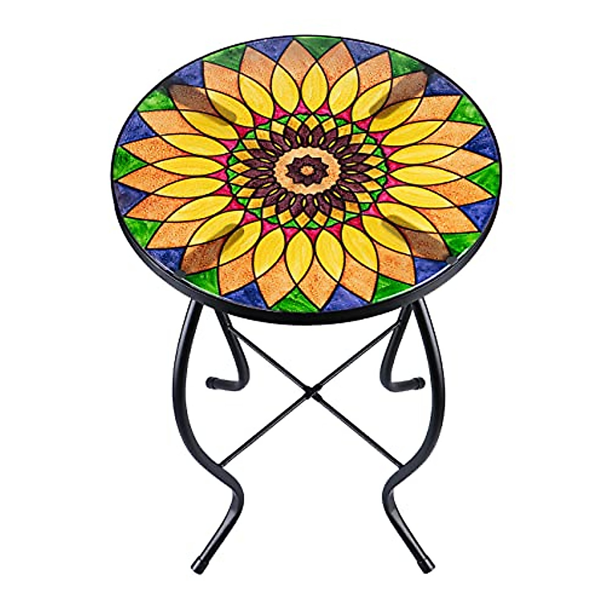 VCUTEKA Outdoor Side Table Mosaic End Table Patio Side Table Small End Table Glass Top Round Balcony Coffee Table Porch Indoor Glass Top