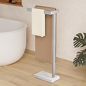Natural Mable Standing Towel Rack with Weighted Base, KES Free Standing Towel Rack for Bathroom with 2X Wider Sturdy Tube, 2-Tier Towel Stand for Bathroom Floor, Brushed Steel, BTH225-2