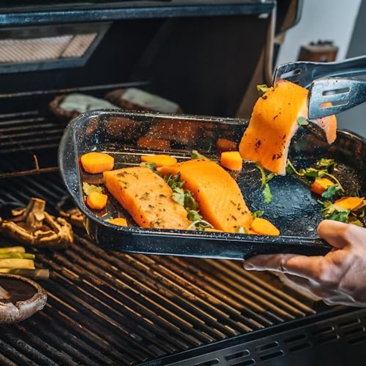 Granite Ware 3 Piece Multiuse Set (Speckled Black) Enamelware Bake, Broiler Pan and Grill - With Rack Suitable for Oven, direct on Fire.