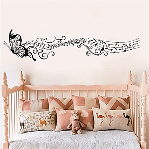 Removable Large Flying Butterfly Notes Music Wall Decor Sticker Kids Room Bedroom Butterflies Adhesive for Baby Nursery Room Vinyl Wall Mural TM-55 (Black)