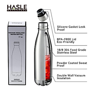 HASLE OUTFITTERS 17oz Stainless Steel Water Bottles, Vacuum Insulated Water Bottles Double Walled Reusable Metal Sports Water Bottles Keep Drinks Hot and Cold, Stainless, 1Pack