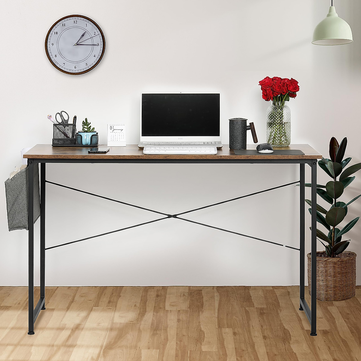 Simple Deluxe Computer Office Desk Modern Simple Style PC Table with Storage Bag, for Home Work Study and Writing, 47 Inch, Brown