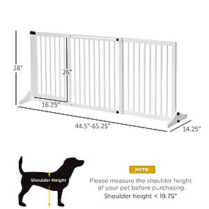 PawHut Adjustable Wooden Pet Gate, Freestanding Dog Fence for Doorway, Hall, 3 Panels w/Safety Barrier, Lockable Door, White, 44.5"-65.25" L x 14.25" H