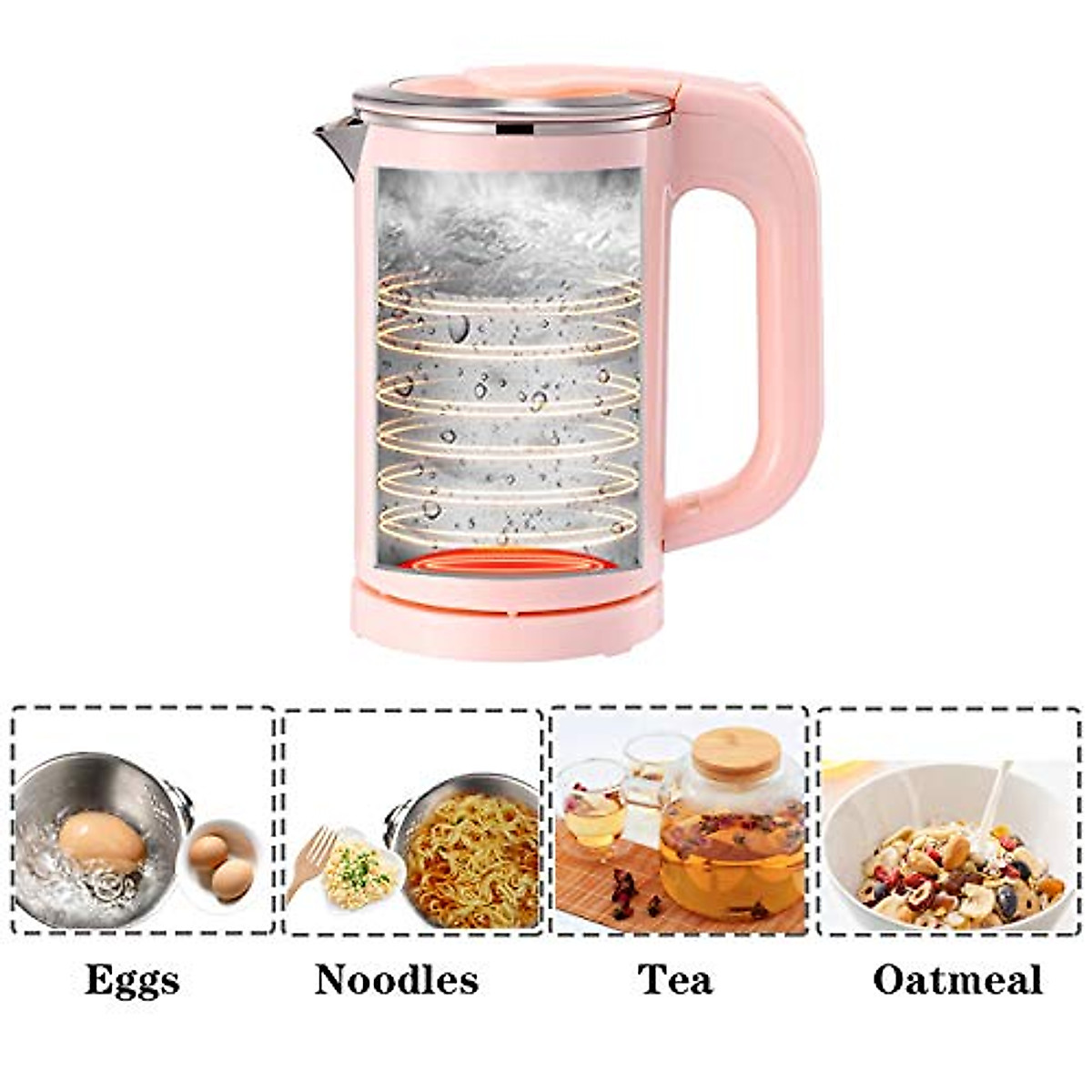Eglaf 0.5L Small Electric Kettle - Portable Mini Stainless Steel Travel Kettle - Water Touch Inner Surface without Plastic & Cool Touch Outer Surface (Pink)