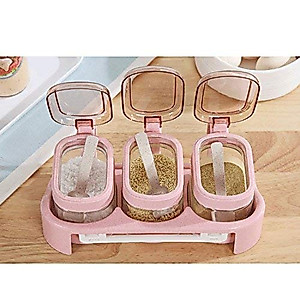 OUTOS Glass Transparent Spice Jar Seasoning Box Set Kitchen Container Tools Condiment Jars Cruet with Cover and Spoon Kitchen Utensils Supplies Salt Cellar with Lid (Pink, 3)(with base)