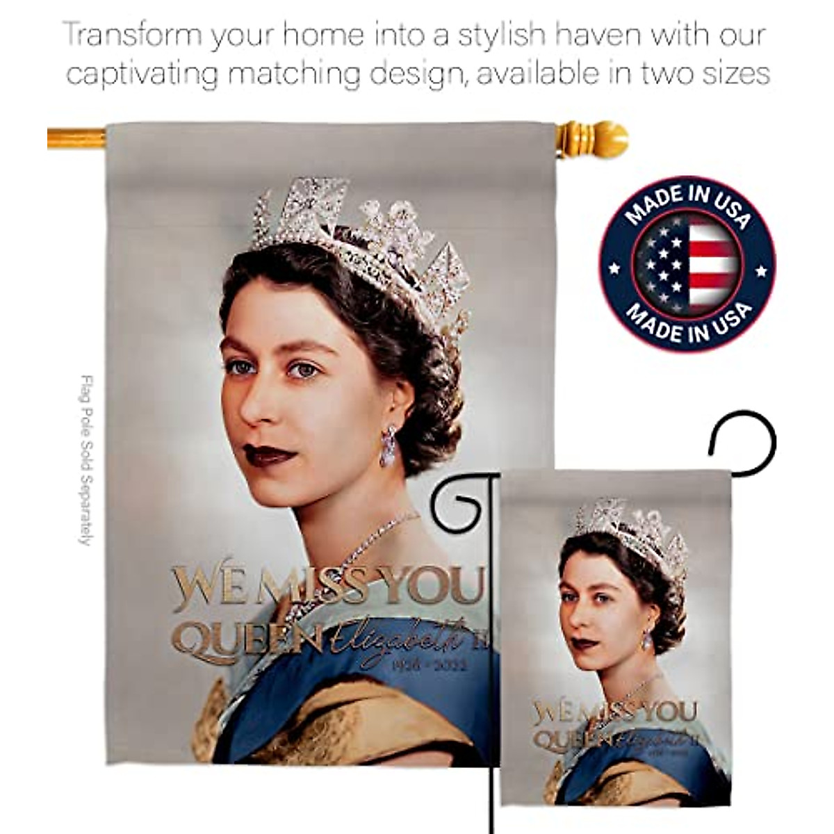 Queen Elizabeth II Flag We Miss You Garden Flag Set Wood Dowel Sweet Life Sympathy Remembrance Memorial Bereavement Love Support Emotion Postive House Banner Small Yard Gift Double-Sided, Made in USA