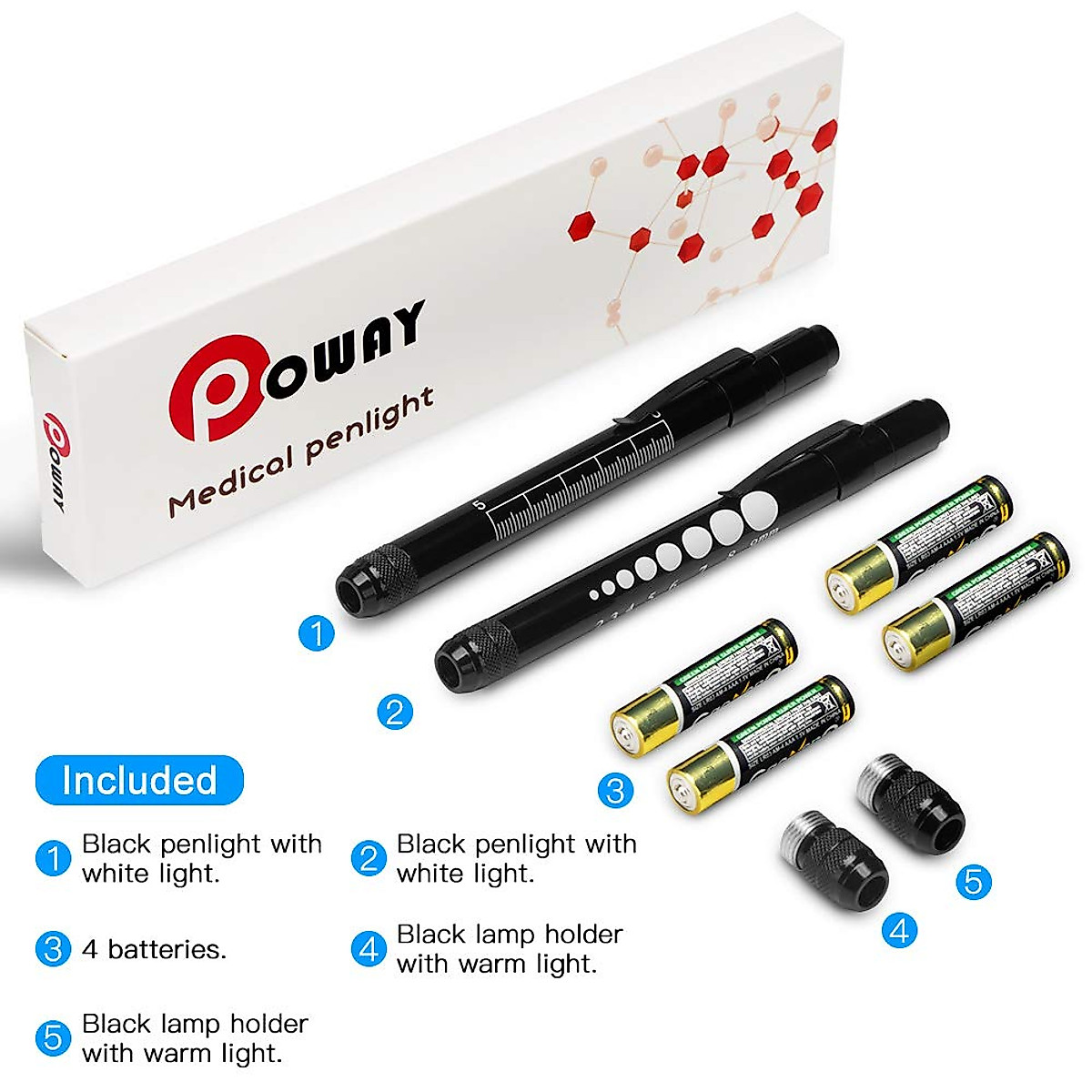 Opoway Pen Light Nurse Pen Light Medical Pen Lights with Pupil Gauge for Nurses Doctors Nursing Students 2pcs Black with Batteries(2 Replacement Warm Light Bulbs Included)
