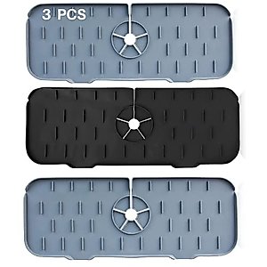 Pouchouse Sink Splash Guard 3 Pack-Faucet Mat for Kitchen-Kitchen Gadgets-Drying Mat For Kitchen Protectors-Sponge Holder-Under sink Mats For Kitchen Waterproof(Black Grey).