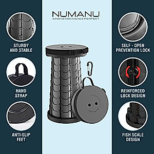 NUMANU New-Gen Collapsible Stool 2-Pack w/Carabiner Clips - Lightweight, Sturdy, Portable, Adjustable Telescoping Compact Folding Chair or Foot Rest for Travel, BBQ, Camping, Queue - Max 400lbs