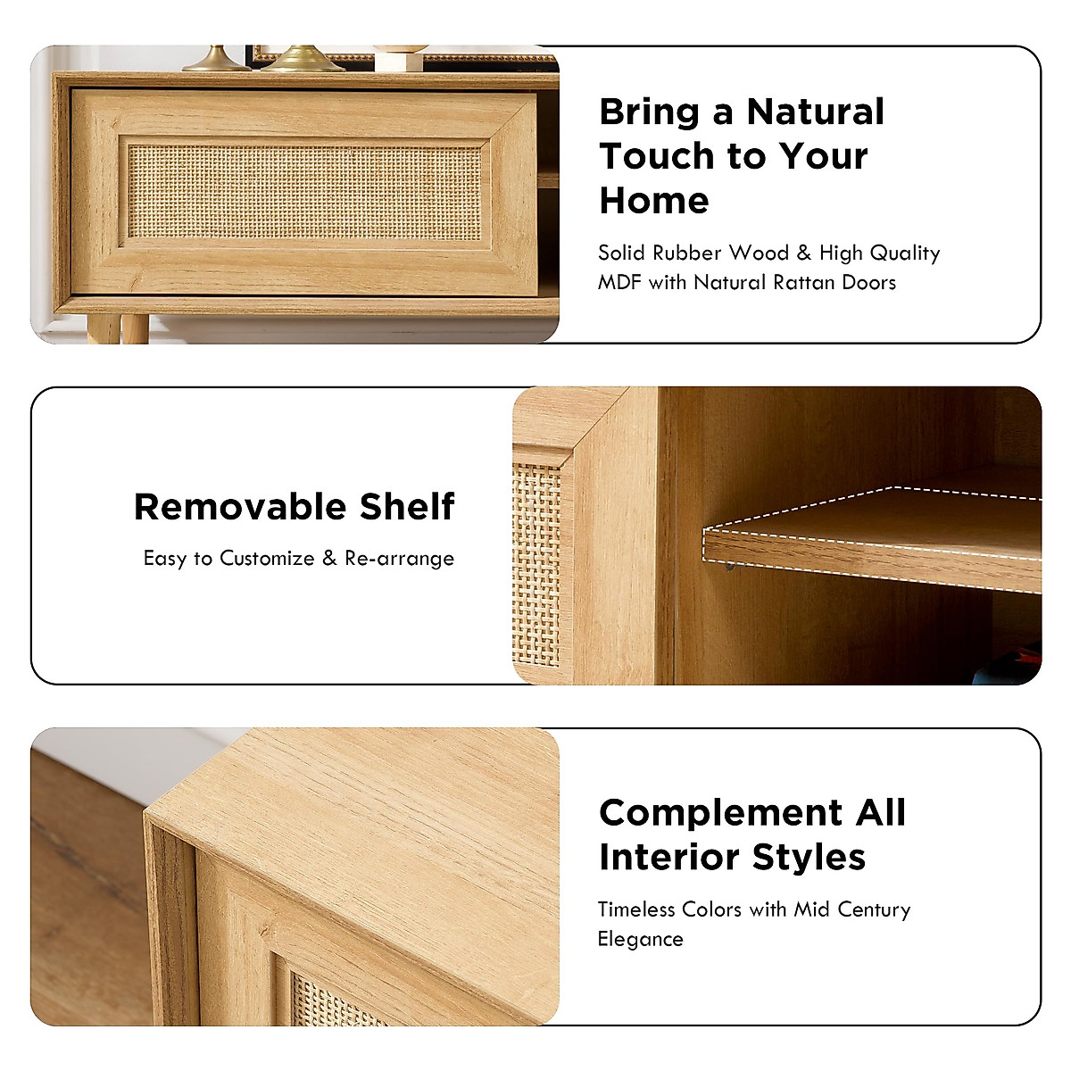 HMeeZnn Rattan TV Stand for 55 Inch TV, Mid Century Modern Entertainment Center with Storage Boho TV Console Table with 2 Cabinets for Living Room Bedroom, Natural Wood