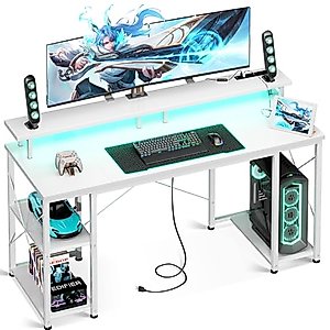 ODK 55 inch Gaming Desk with LED Lights & Power Outlets, Computer Desk with Monitor Stand & Storage Sheves, CPU Stand, Home Office Desk White
