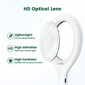 KAIWEETS Magnifying Glass with 16 LED Lights and Stand, Weight 145g Handheld Magnifier with 3 Brightness Modes Rechargeable for Close Work, Reading, Inspection, Coins, Jewelry, Exploring