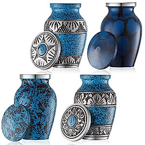 Reminded Small Cremation Urns for Human Ashes, Mini Keepsake Set of 4 Blue and Silver with Velvet Case