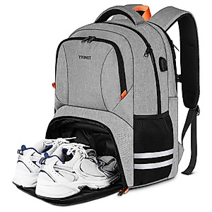 Ytonet Gym Backpack For Men Women, Travel Backpack With Shoe Compartment USB Charging Port, Water Resistant Medical Laptop Backpack Fit 15.6 Inch Notebook, Camping, Hiking, School, Grey