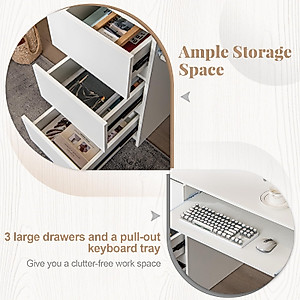 Giantex White Computer Desk with Power Outlet, Modern Office Desk with Keyboard Tray & 3 Large Drawers, 42" Writing Desk Vanity Table with Type-C & USB Ports for Bedroom, White