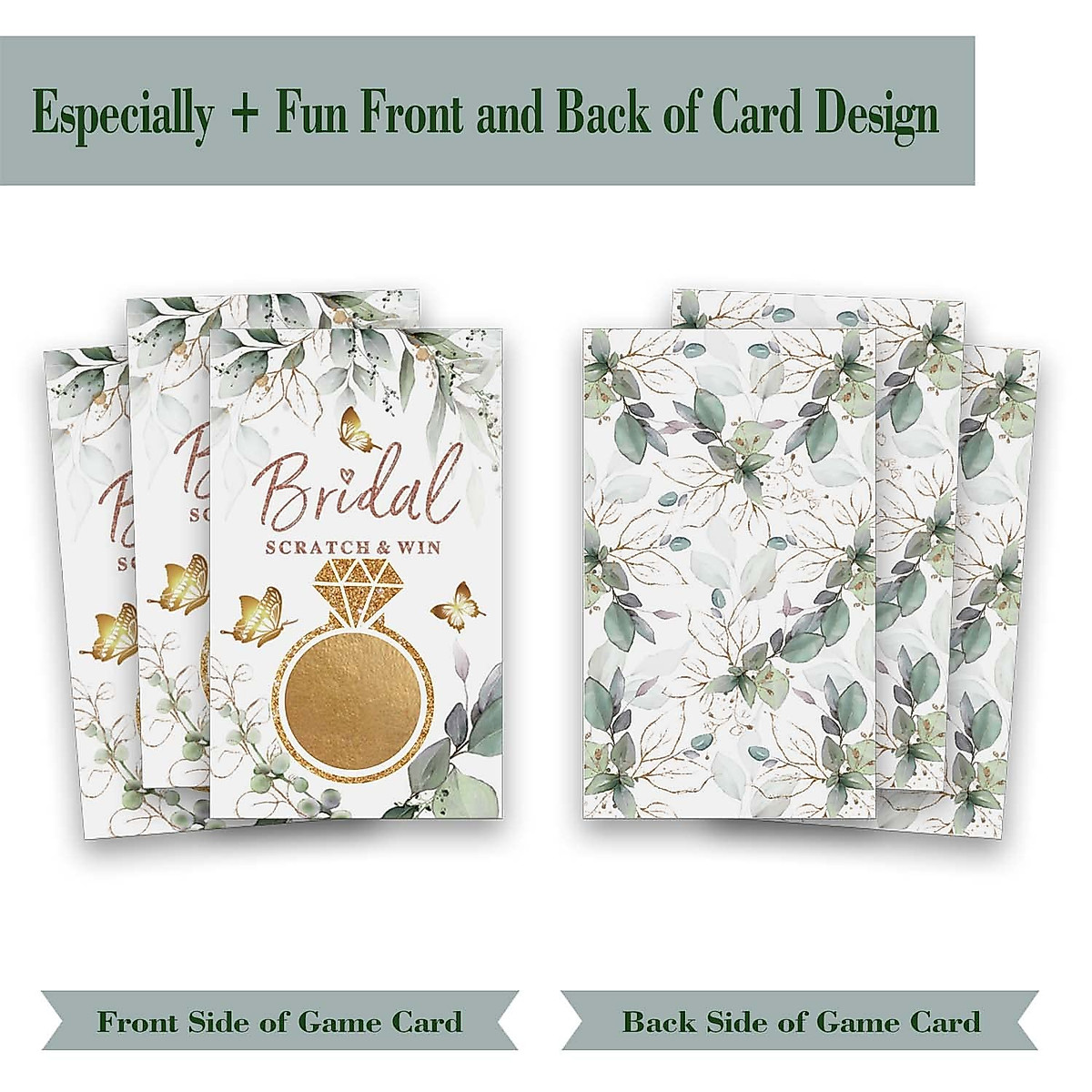 Bridal Shower Scratch Off Card-50 Pack,Eucalyptus Golden Butterfly Green Garden Bride Shower Lottery Game, Activities, and Ideas, Country Wedding, Bridal Lottery Tickets, Wedding Shower Ideas