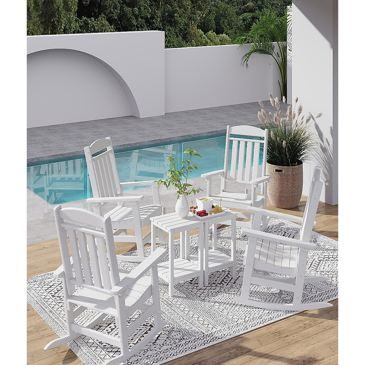 FOOWIN Patio Rocking Chairs Set of 2,HDPE High Back Porch Rocker,All Weather Resistant Poly Lumber Outdoor Porch Rocker, Rocking Chairs for Outdoor, Indoor, Patio, Deck, Garden White