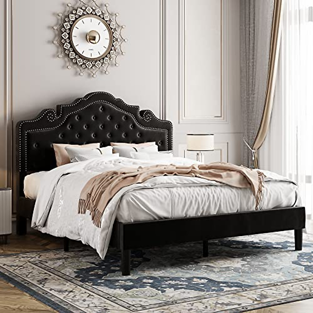 Allewie Full Size Bed Frame with Velvet Tiara Headboard, Upholstered Diamond Button Tufted Platform Bed, Sturdy Wood Slats Support, No Box Spring Needed, Black