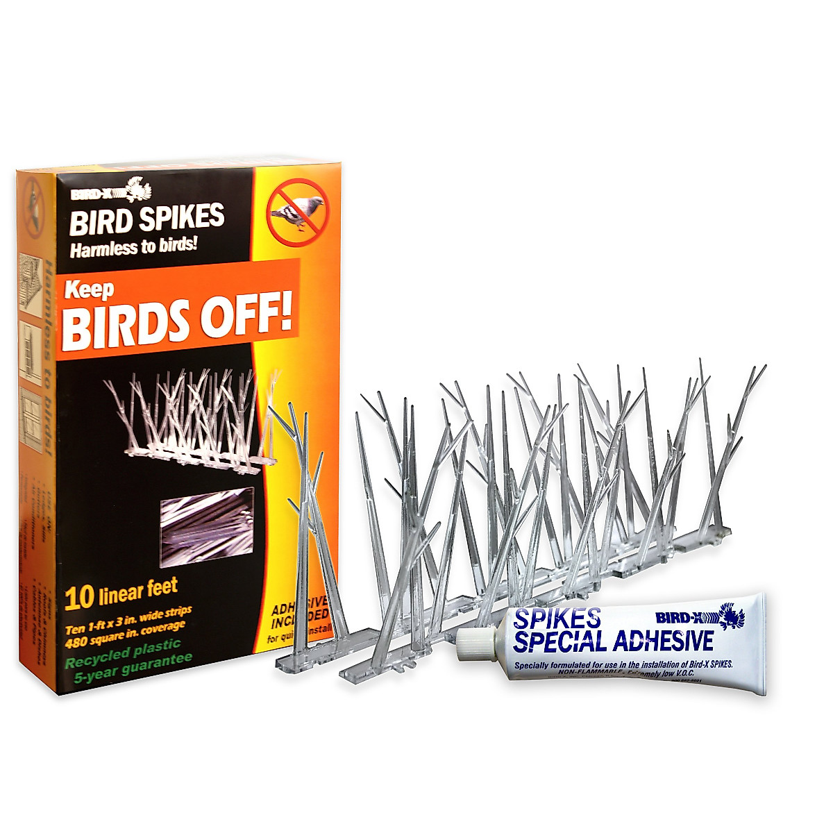 Bird-X, SP-10-NR Plastic Polycarbonate Bird Spikes Kit with Adhesive Glue, Covers 10 feet