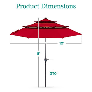 Best Choice Products 10ft 3-Tier Solar Patio Umbrella, Outdoor Market Sun Shade for Backyard, Deck, Poolside w/ 24 LED Lights, Tilt Adjustment, Easy Crank, 8 Ribs - Red