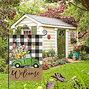 AVOIN colorlife Welcome Spring Floral Garden Flag 12x18 Inch Double Sided Outside, Buffalo Plaid Truck Flower Seasonal Yard Outdoor Flag