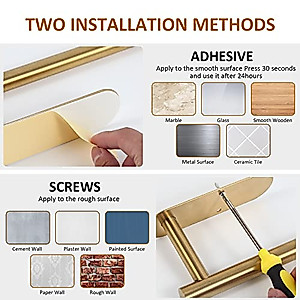 Paper Towel Holder - Under Cabinet Paper Towel Holder, Wall Mounted, Self-Adhesive or Screw, Adjustable Rack, 304 Stainless Steel, Fits Standard-Sized Paper Towel Rolls (Brushed Gold 1 Pack)