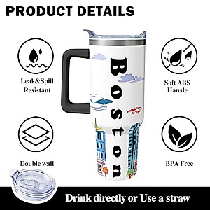 Vehcimbev City Themed Tumbler - 40oz With Hanld Stainless Steel Travel Coffee Mug with Leak Proof Lid - Hot/Cold Drinks,Perfect Boston Souvenir Gift (Boston)