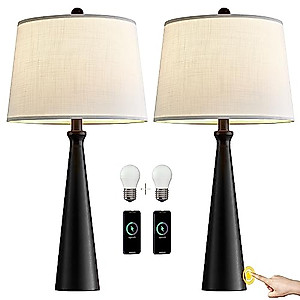 Oneach 25.75" Table Lamps Set of 2 for Living Room Bedroom, Bedside Lamp 3-Way Dimmable Touch Control, Modern Black Nightstand Light Fabric Shade Vintage Accent Style