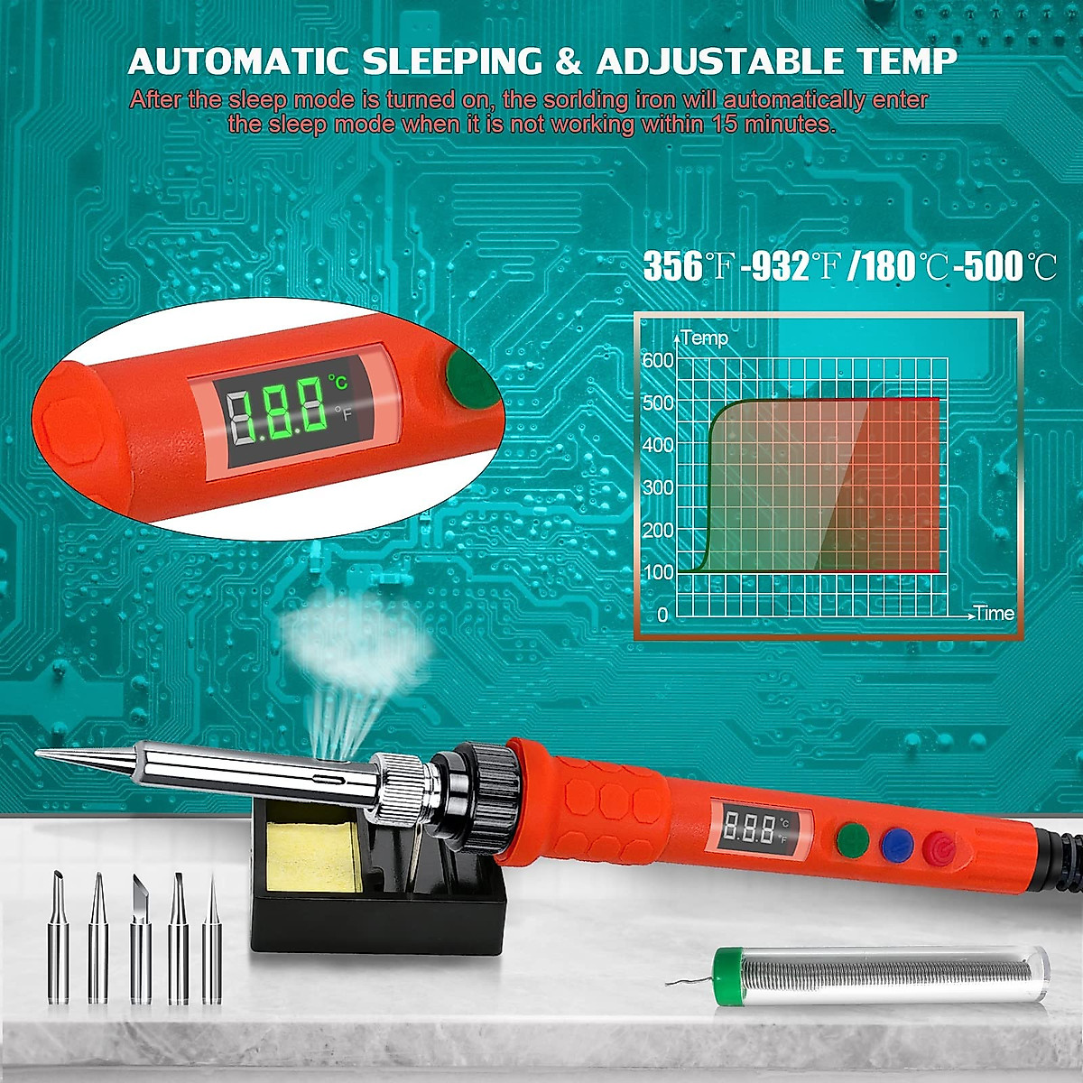 Soldering Iron Kit, 120W LED Digital Soldering Kit, 110V Welding Tools, Smart Temperature Control [356℉-932℉] - Extra 5pcs Tips - Auto Sleep & Temp Calibration - C/F Func