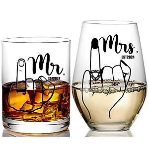 comfit Engagement Gifts for Couple - Funny Bridal Showeer Gifts,Wedding Gifts for New Couple,Finger Wine&Whiskey Glass,Glass Wine Gifts for Mr Mrs,Newlywed,His and Hers18.5,13.8OZ