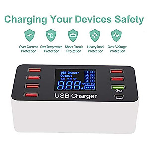Multi USB 8-Port Smart Fast Desktop Hub Wall Charger Charging Station Quick Charge 3.0 USB Type C Port With LED Display Compatible with Apple Samsung Android Smart Phone, Tablet, Nintendo Switch Games