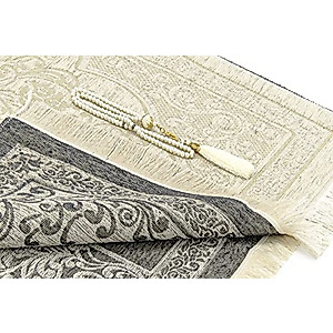 Muslim Prayer Rug with Prayer Beads | Janamaz | Sajadah | Soft Islamic Prayer Rug with New Mihrab Design | Islamic Gifts | Prayer Carpet Mat, Chenille Fabric, Cream