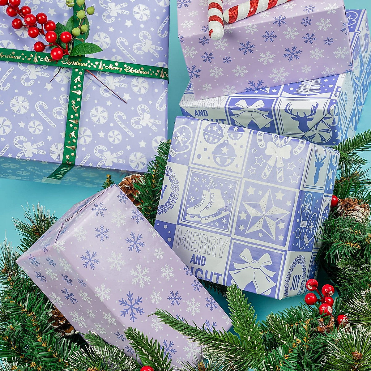 LeZakaa Christmas Wrapping Paper Mini Roll - Bell & Tree/Candy Canes/Snowflakes Design in Light Purple for Gift Wrap, Arts Crafts - 17 x 120 inches - 3 Rolls (42.5 sq.ft.ttl.)