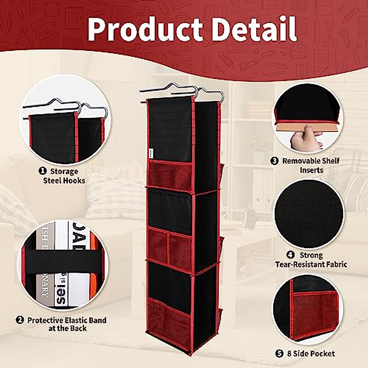 Annecy Locker Organizer for School, Work, Gym, and Closet, 3 Shelf Hanging Locker Accessories for Girls Boys, Adjustable School Locker Shelf from 3 to 2 Shelves, Black&Red